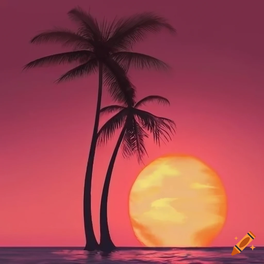Realistic palm tree by ocean tide during a colorful sunset on Craiyon
