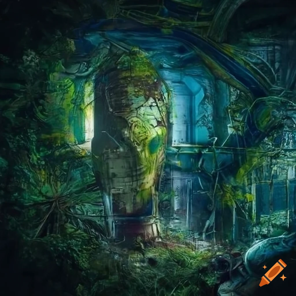 Abandoned spaceship with alien foliage and machinery on Craiyon