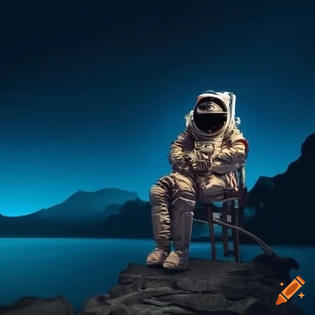 Astronaut sitting on a chair at a cliff overlooking a waterfall at dusk ...