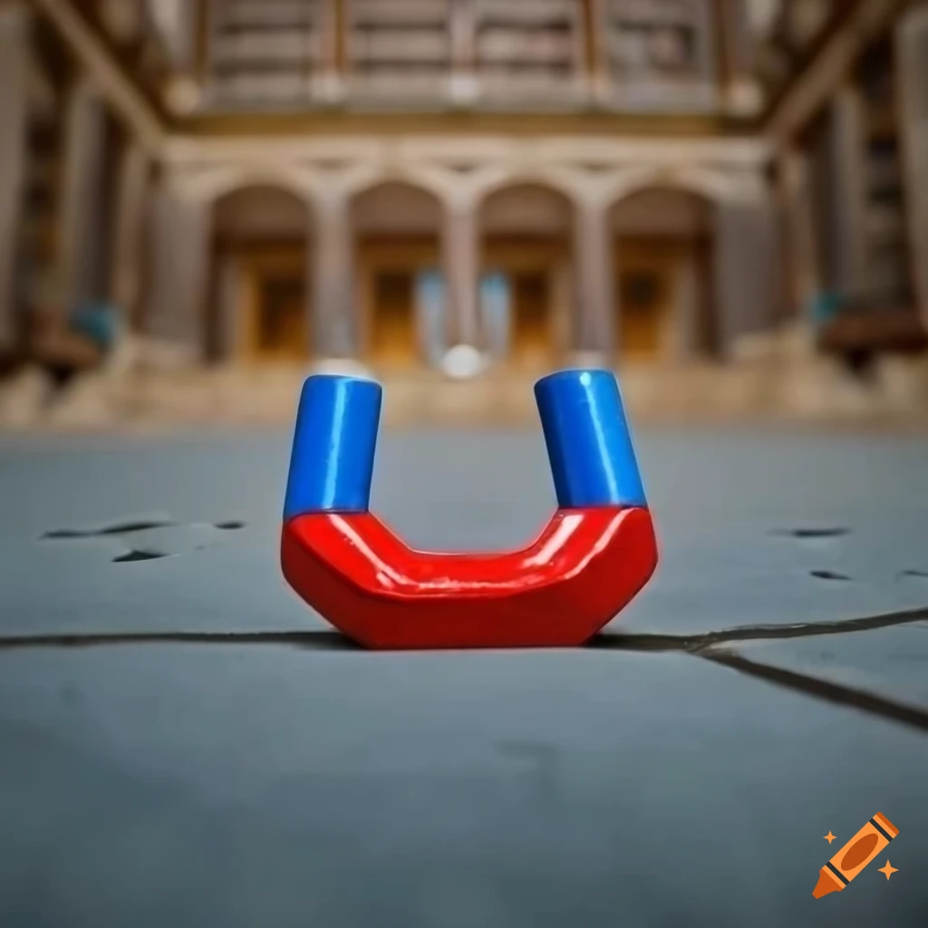 Blue and red magnet in shape of U in an old library on Craiyon