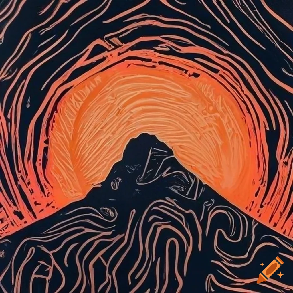 Non-realistic sunset lino print with surreal abstract atmosphere inspired by Dune on Craiyon