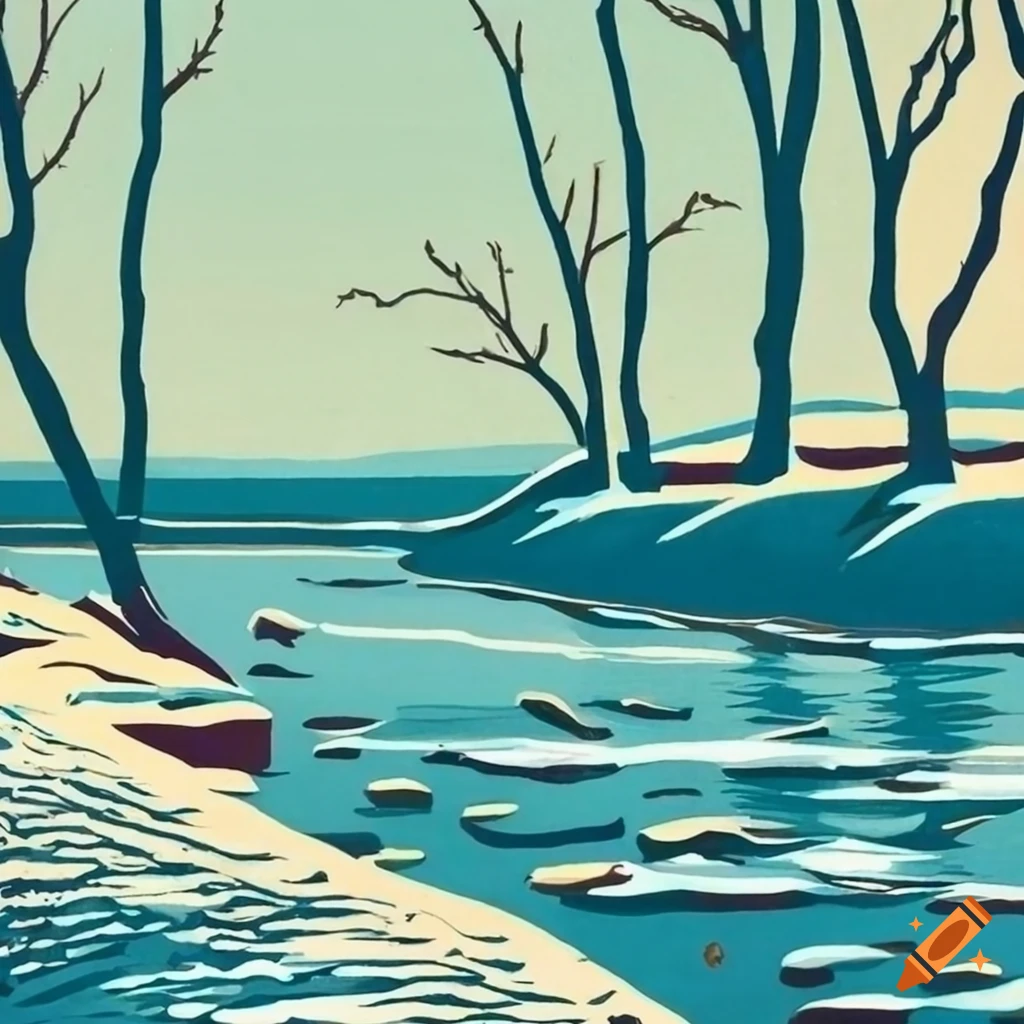 Minimal woodcut of winter scene with river and trees on Craiyon