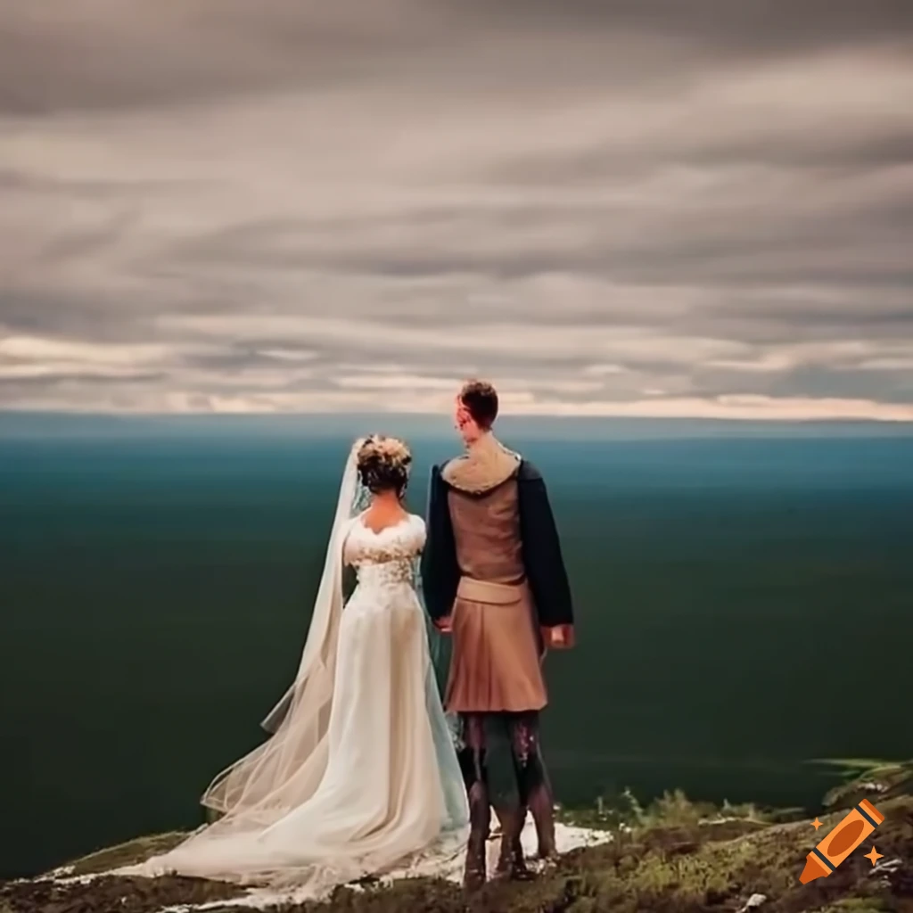 Summer wedding with short bride and tall groom in Lapland landscape on ...