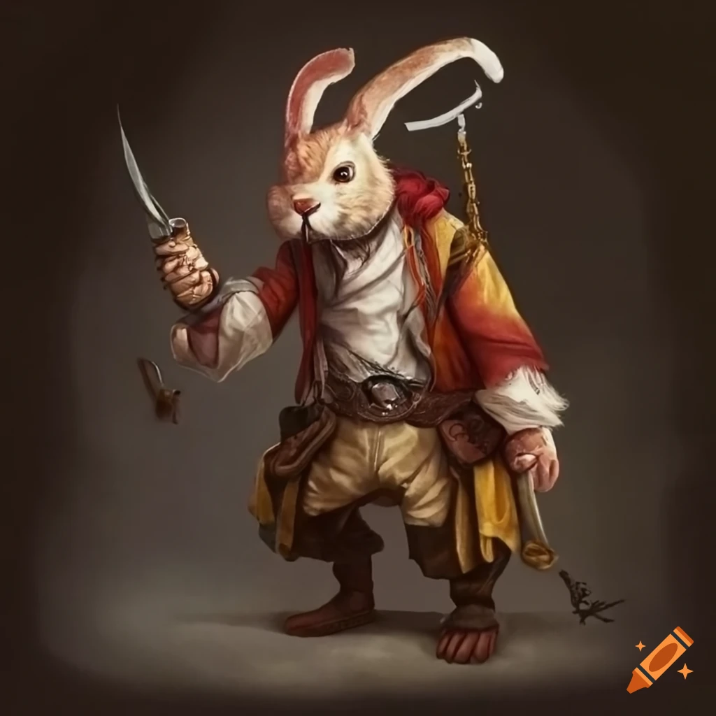 Rabbitfolk pirate with colorful patchwork clothing and a dagger on Craiyon