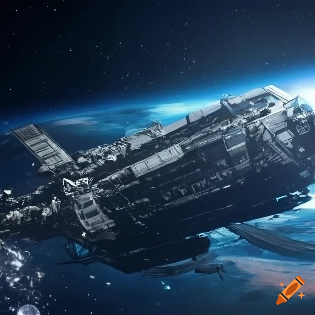 Space ship docking at a sci-fi space station next to a planet on Craiyon