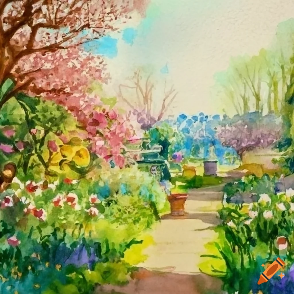 Victorian era garden in spring painted with watercolors on Craiyon