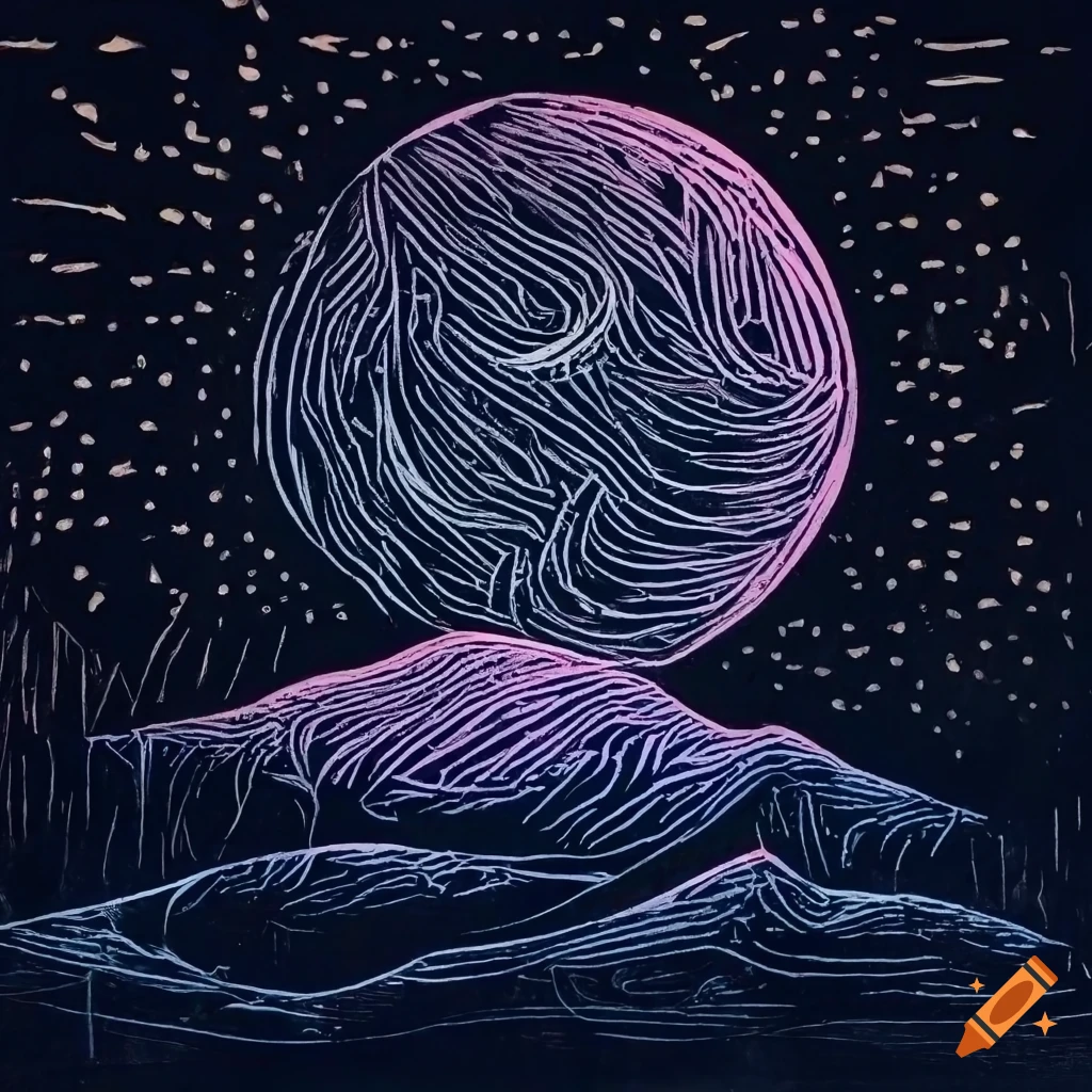 Non-realistic night sky in a lino print with surreal atmosphere inspired by dune on Craiyon