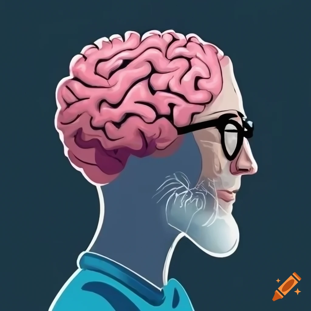 Cartoon brain with smiling face, glasses, and beard surrounded by ...