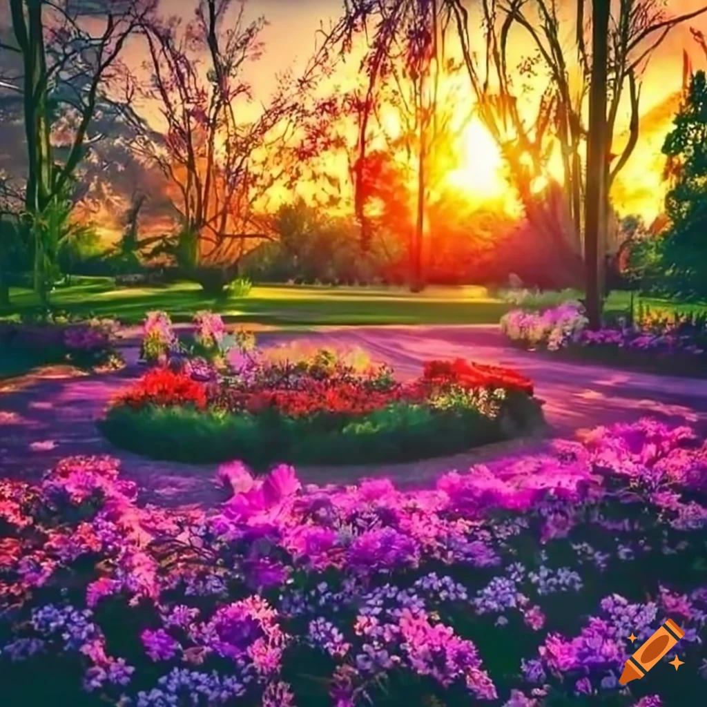 Beautiful garden with flowers and trees during sunset on Craiyon