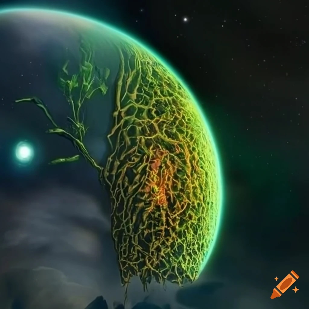 Alien planet with unique vegetation and mysterious structures on Craiyon