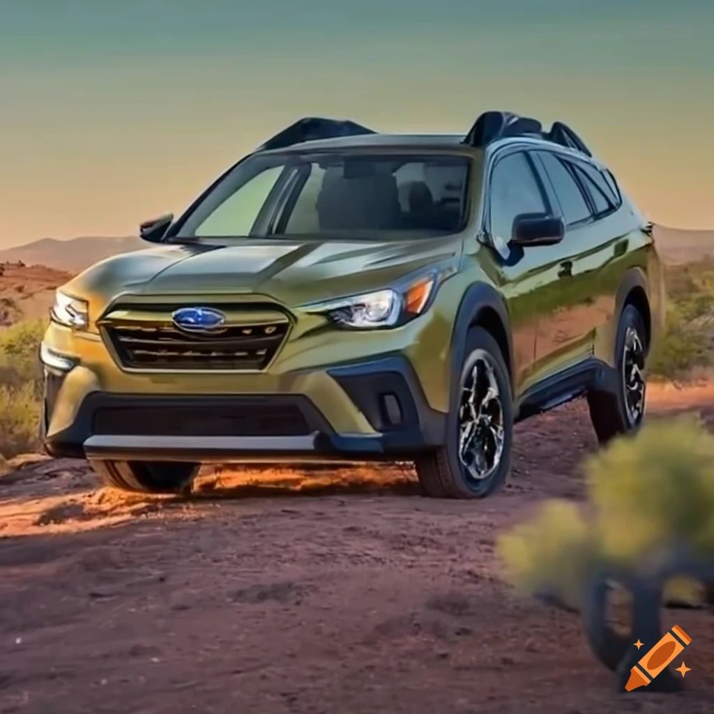 Olive green 2024 subaru outback in saguaro national forest on Craiyon