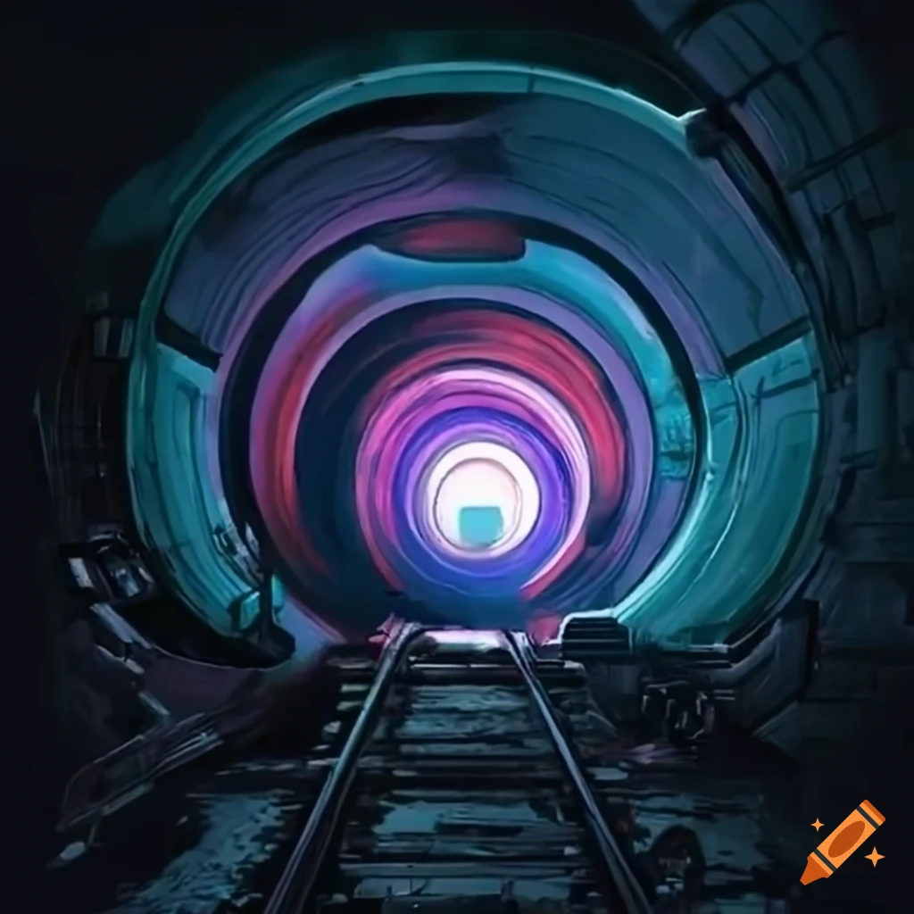 Surreal sci-fi scene with a train entering a multi-colored portal on ...