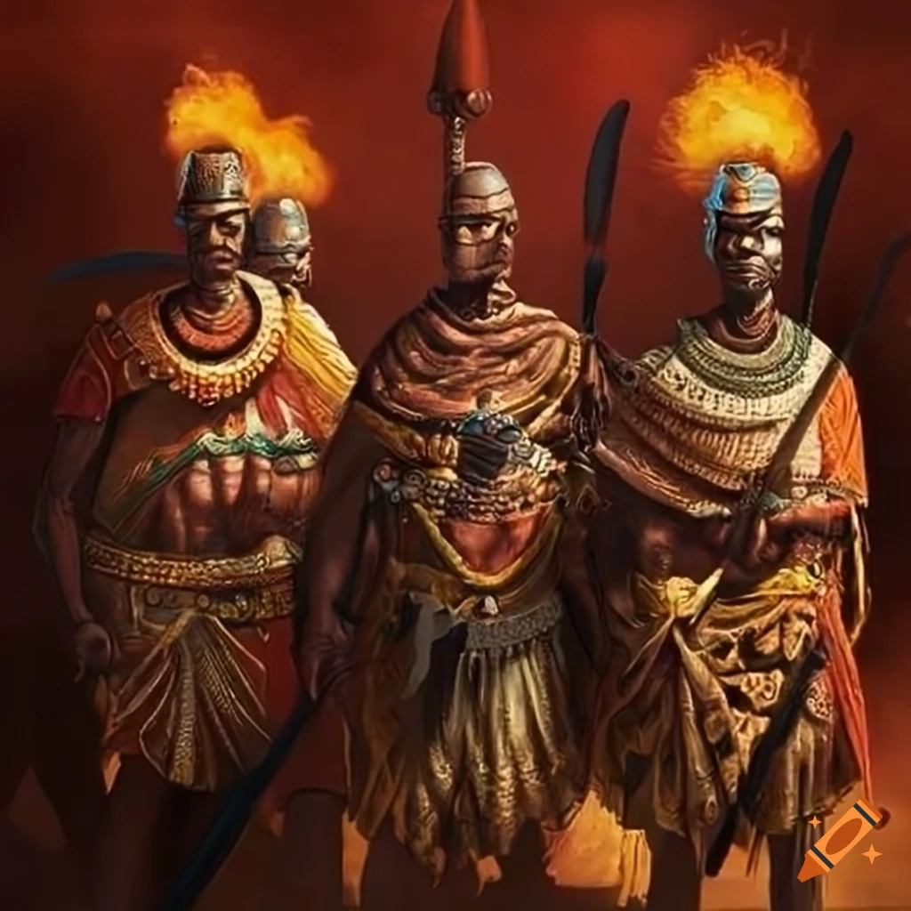 Vibrant depiction of an african warrior army in victory formation on Craiyon