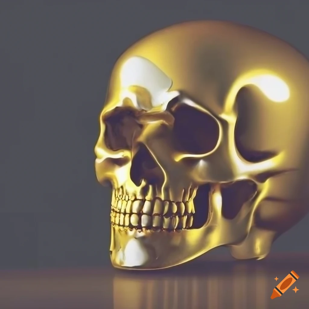 Gold metallic shiny skull still life quarter view on Craiyon