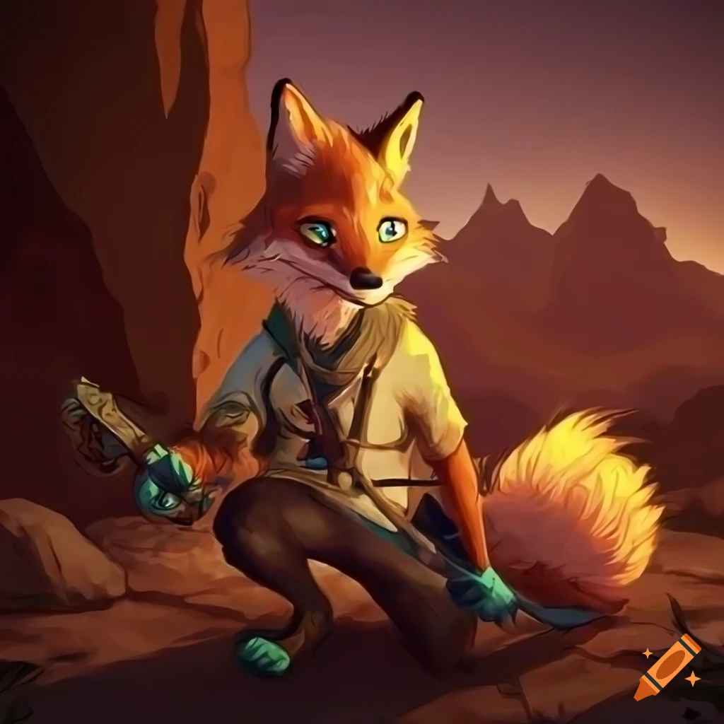 Anthropomorphic fox adventurer exploring a rocky canyon in digital art ...