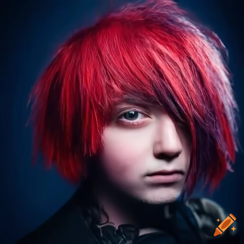 Emo boy with red hair posing with an eagle in the background on Craiyon