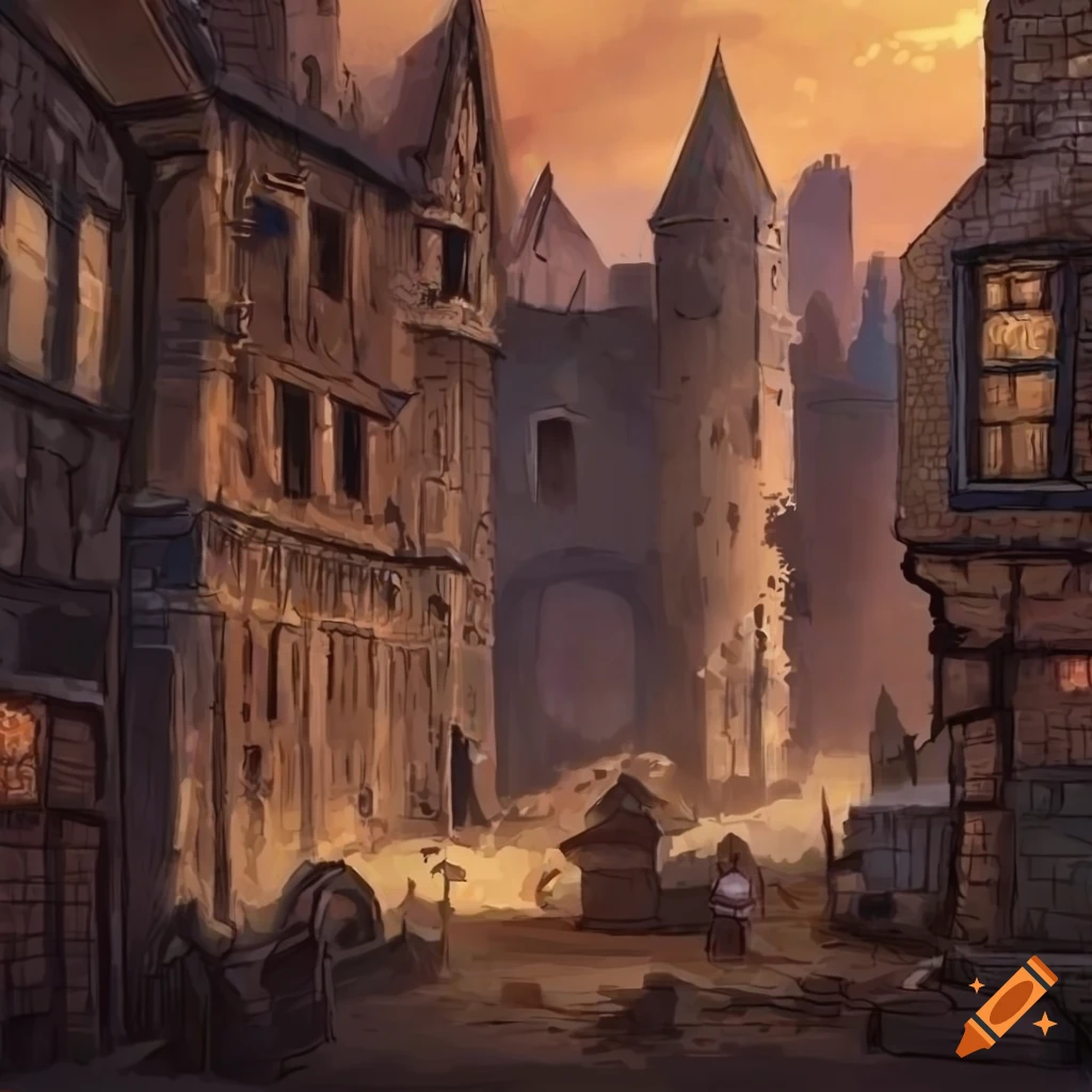 Walled ruined capital of lost olney at night, showing dilapidated ...