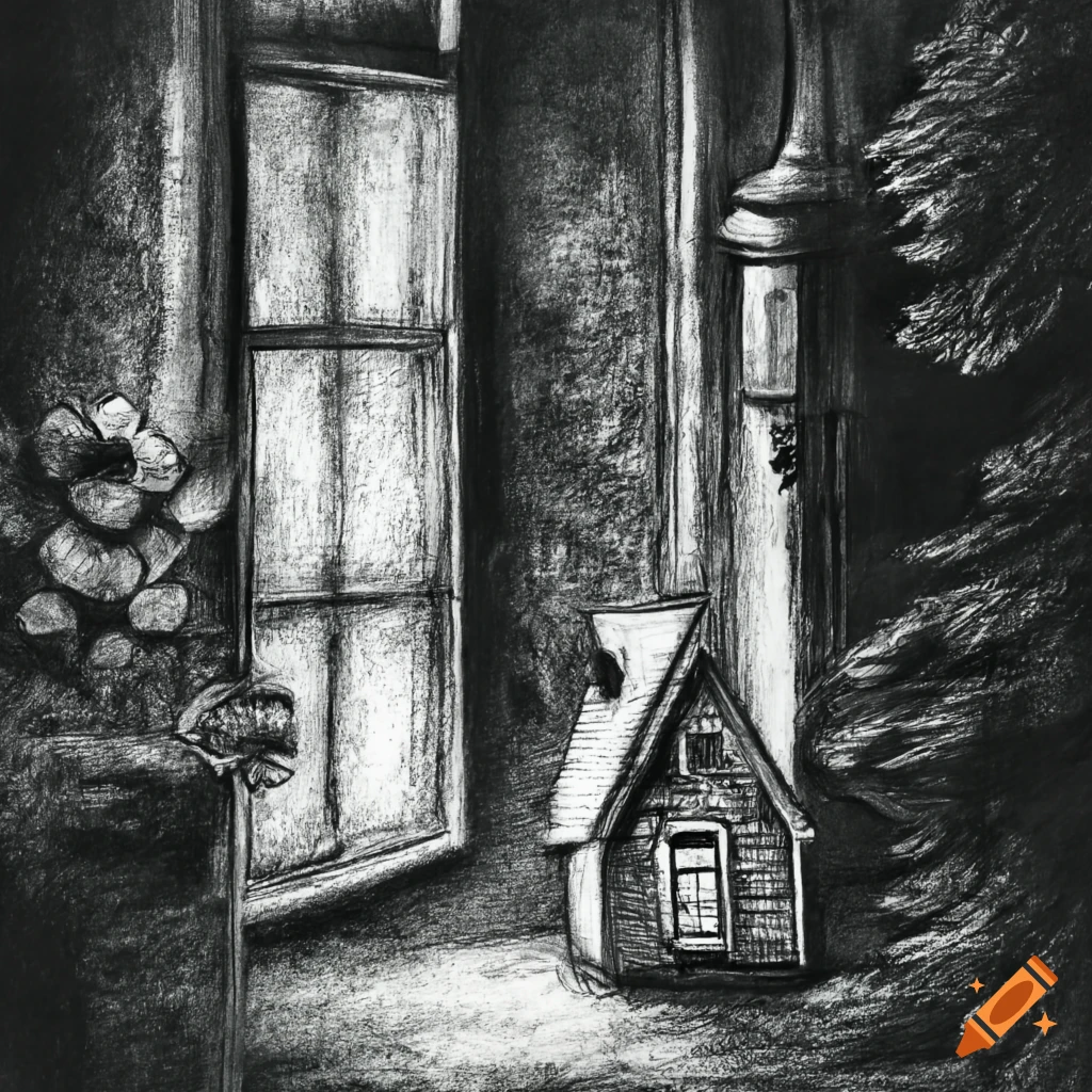 Sun shining beneath a cottage house window in a charcoal drawing on Craiyon