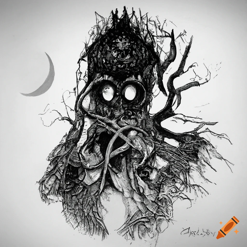 Surrealist gothic artwork with intertwined symbols and intricate ...