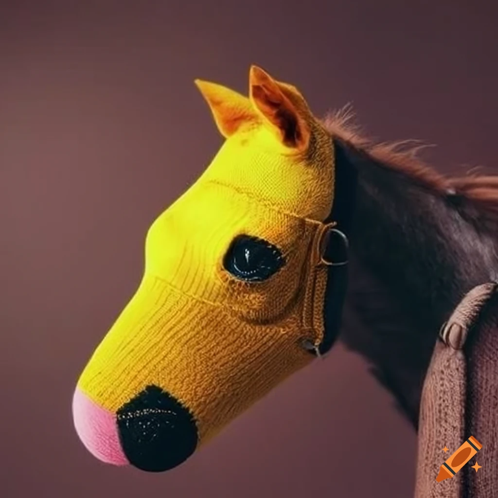 Yellow horse wearing a winter sock muzzle on Craiyon