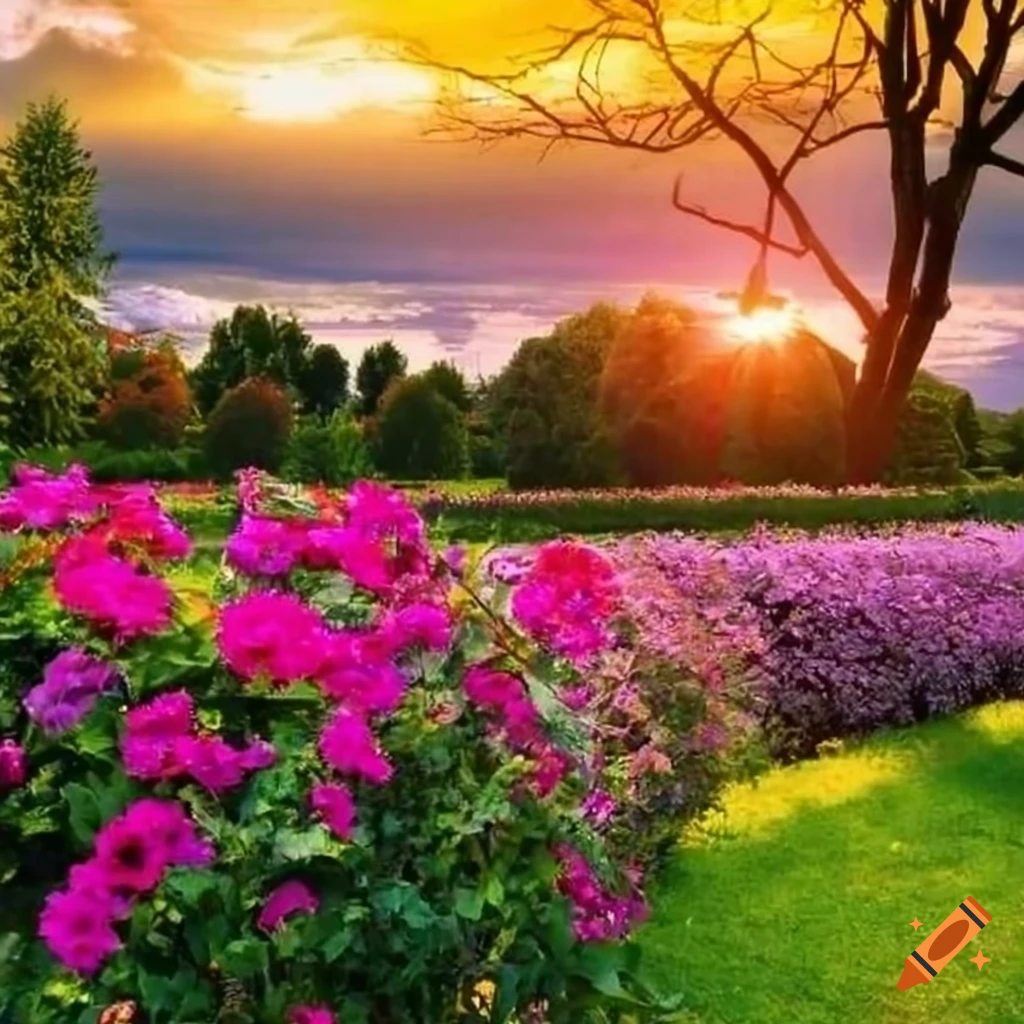 Beautiful garden with flowers and trees during sunset on Craiyon