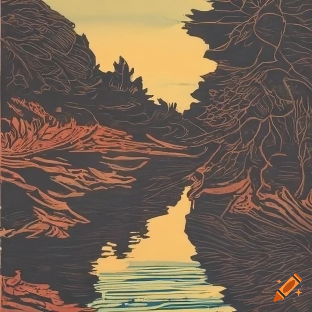 Miro river with trees in a linocut style on Craiyon