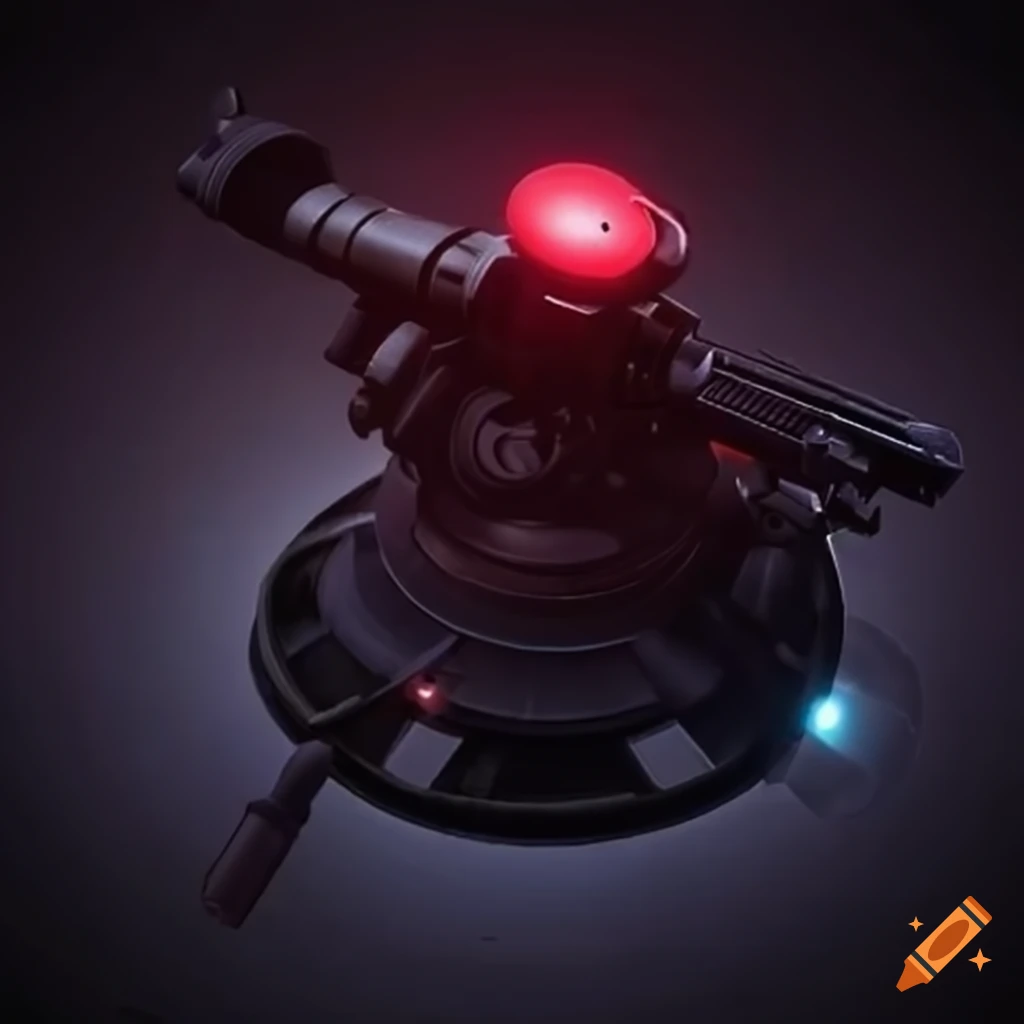 Black sniper turret with red lens in virtual space on Craiyon