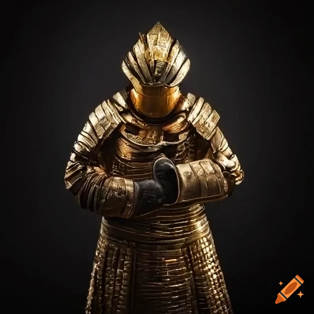 Divine armor made of small gold coins shining in the sky on Craiyon