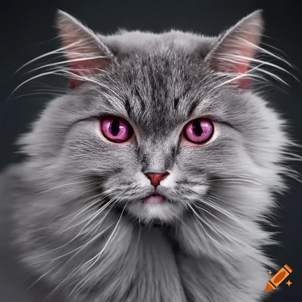 Longhaired grey cat with pink eyes and white chest patch on Craiyon