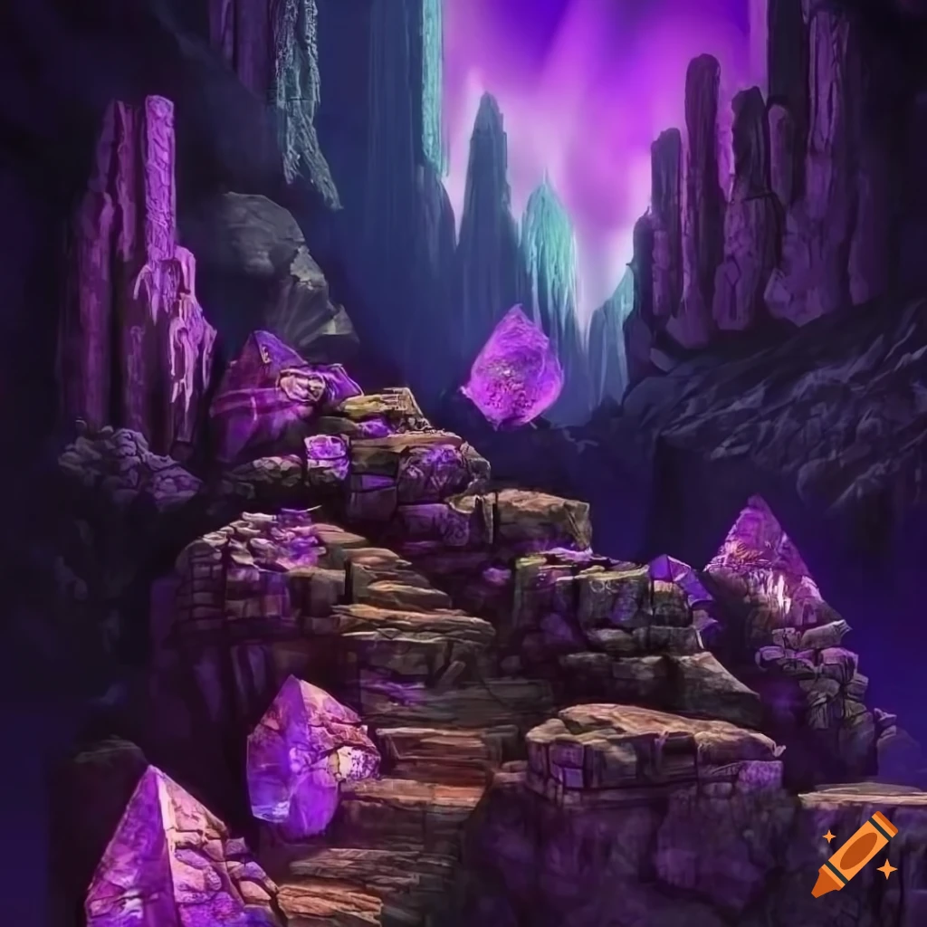 Enchanting cavern with luminescent purple crystals and natural rock ...