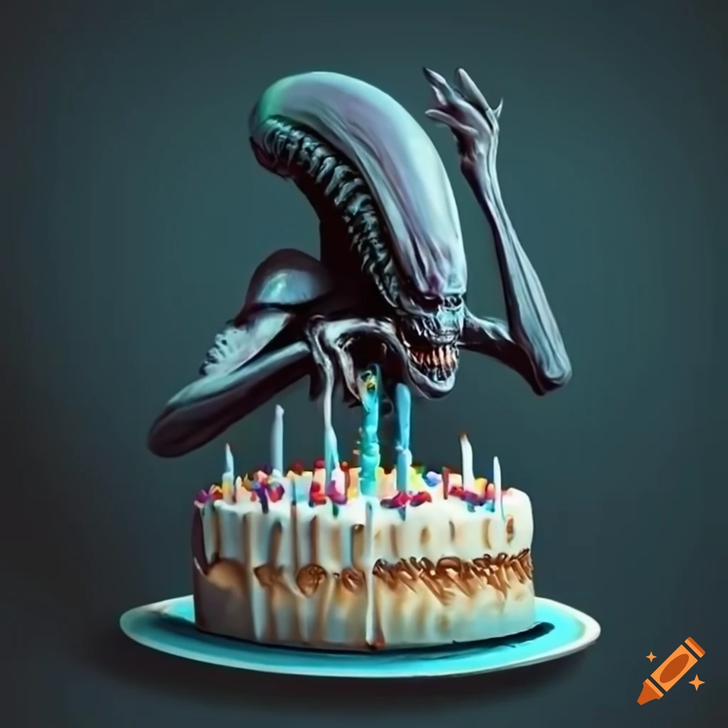 Alien xenomorph with a birthday cake on Craiyon