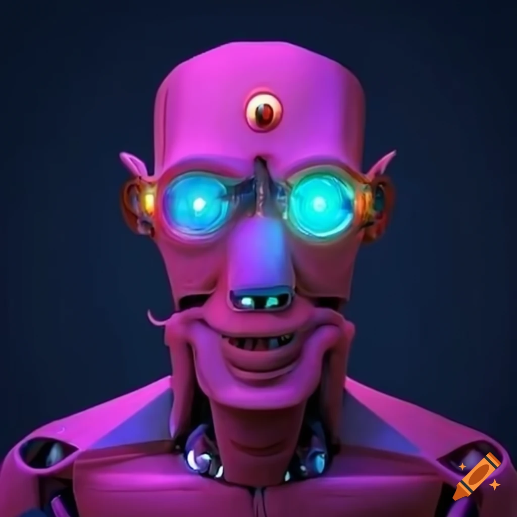 Eccentric inventor showing his cartoon-like muscular robot creation on ...