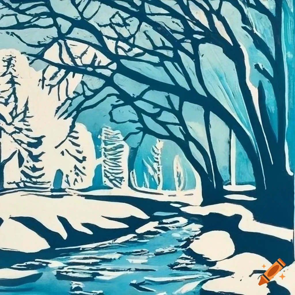 Matisse-style linocut of trees by the river in winter on Craiyon