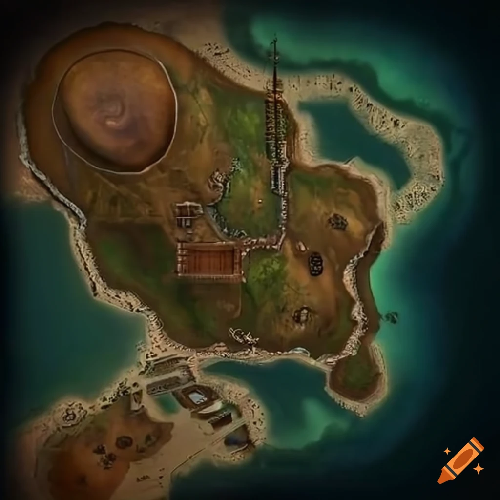 Top view map of a myst-like game with big rock construction on Craiyon