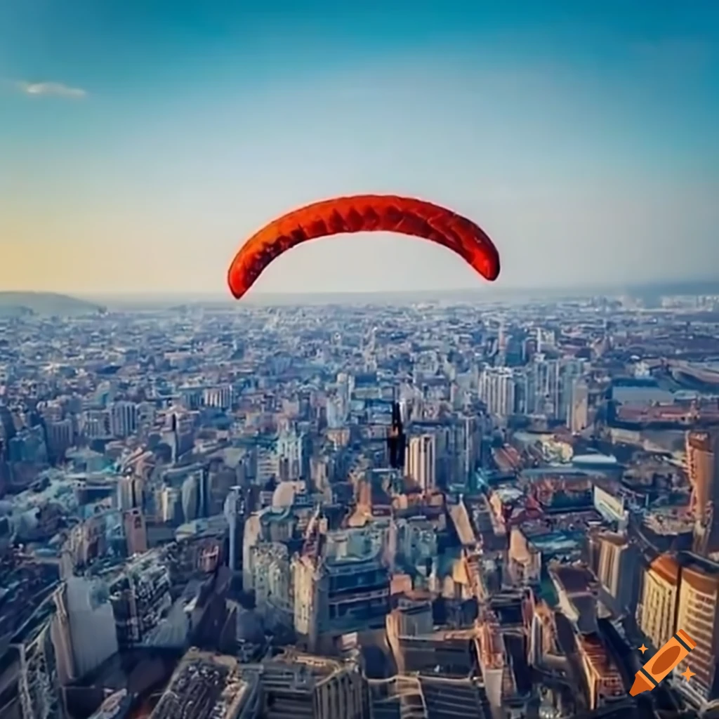 Paraglider flying over city buildings on Craiyon