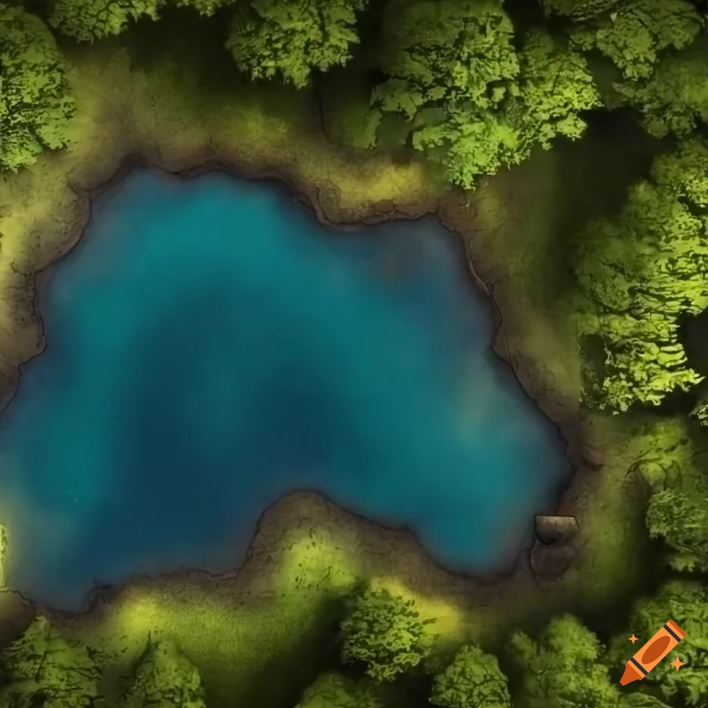 D&d battlemap showing a forest and a large lake on Craiyon