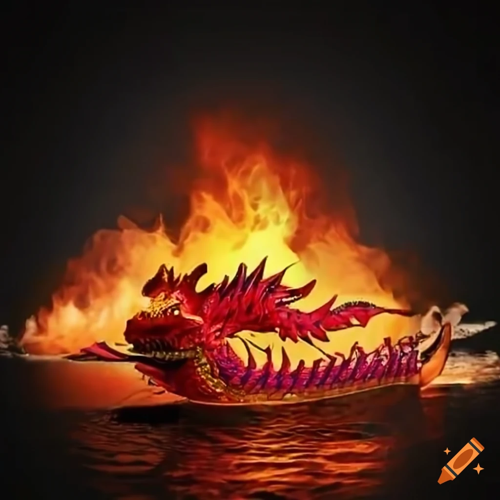 Dragon boat racing with fire on the water on Craiyon