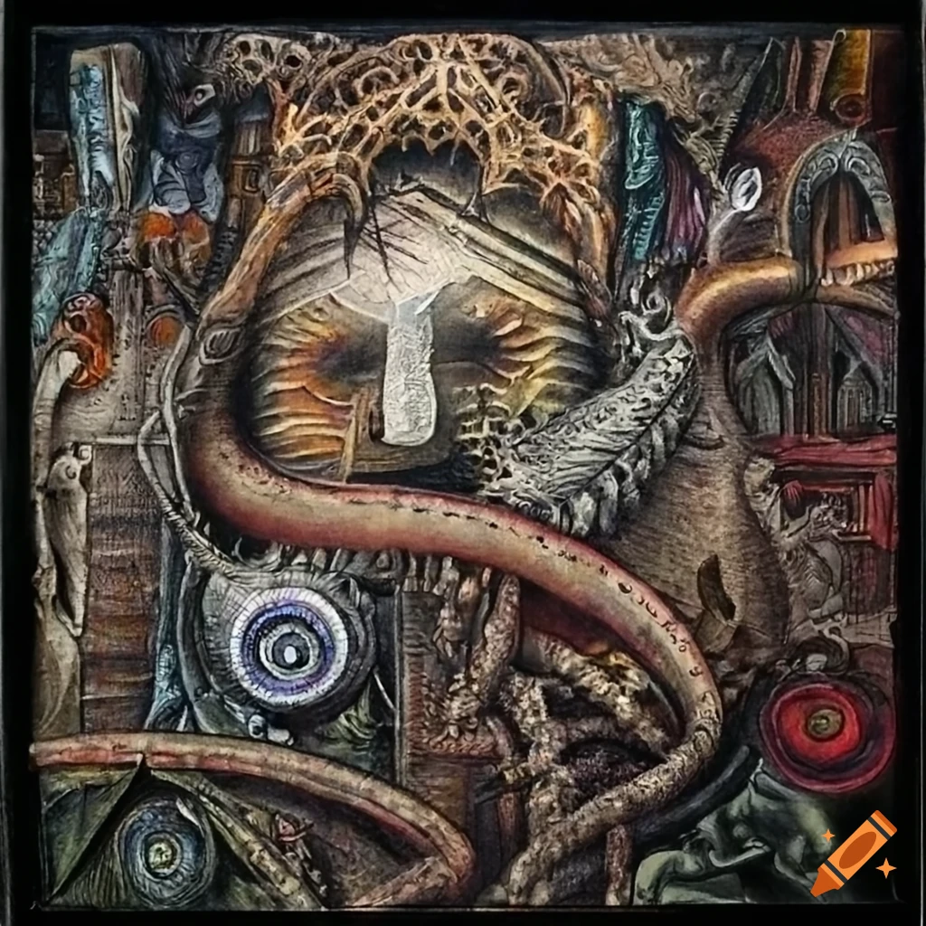 Surrealist gothic artwork with intertwined symbols and intricate ...