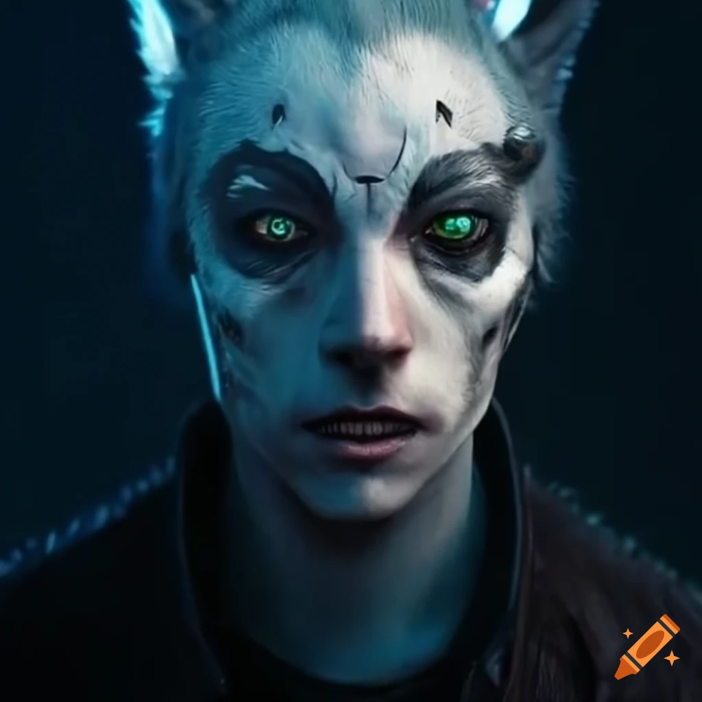 Cyberpunk man with modified face resembling a grey wolf on Craiyon