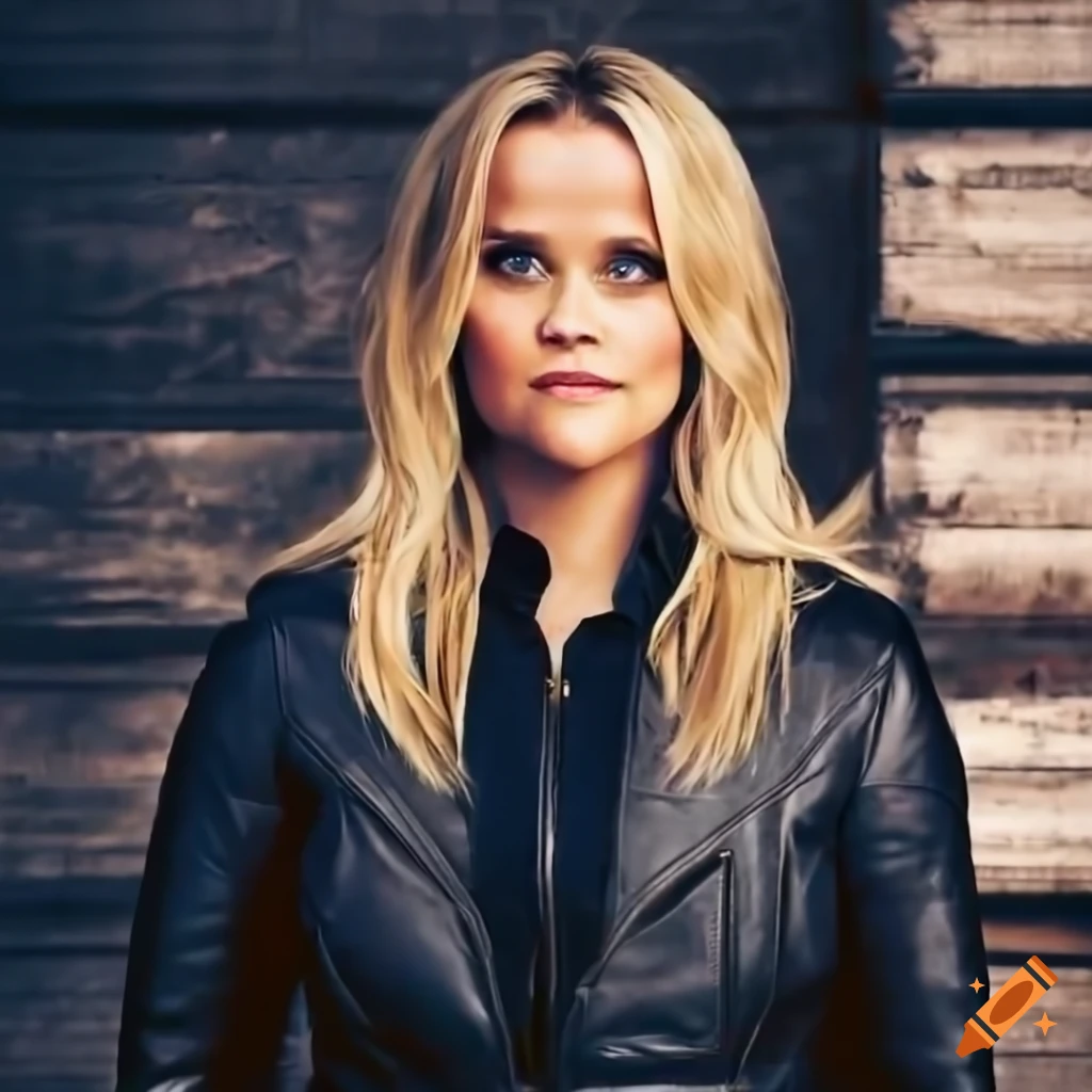 Blonde actress in country style plaid shirt and black leather jacket on ...