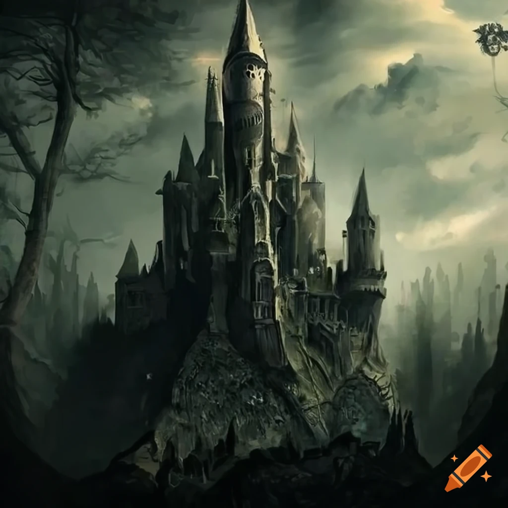 Elaborate painting of a gothic fantasy castle on a hill in a spooky ...