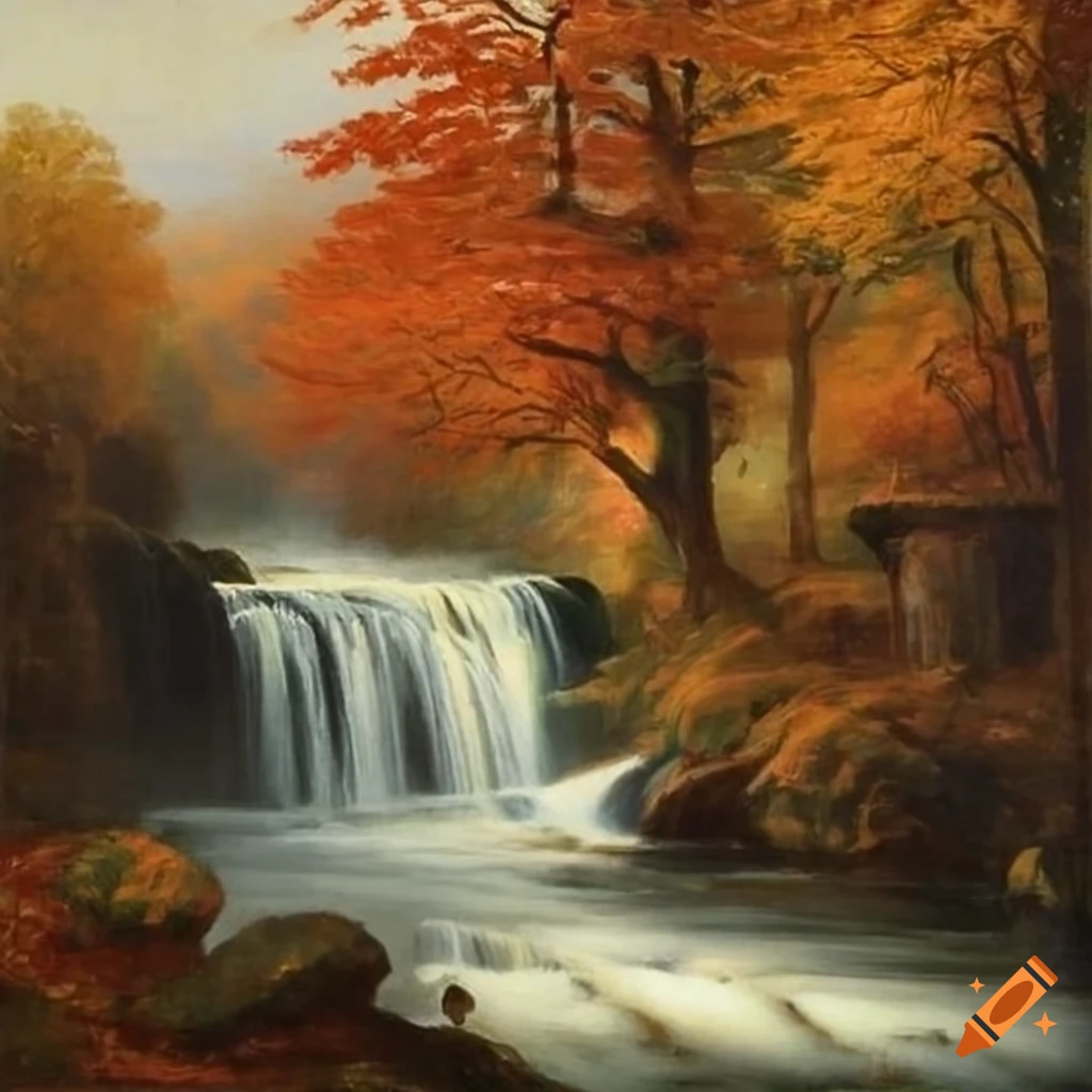 Victorian oil painting of an autumn landscape with a waterfall on Craiyon