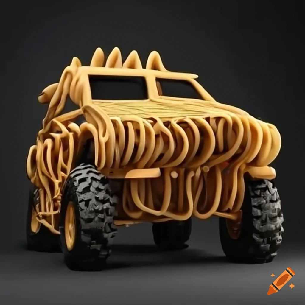 Offroad vehicle made of fusilli noodles on Craiyon