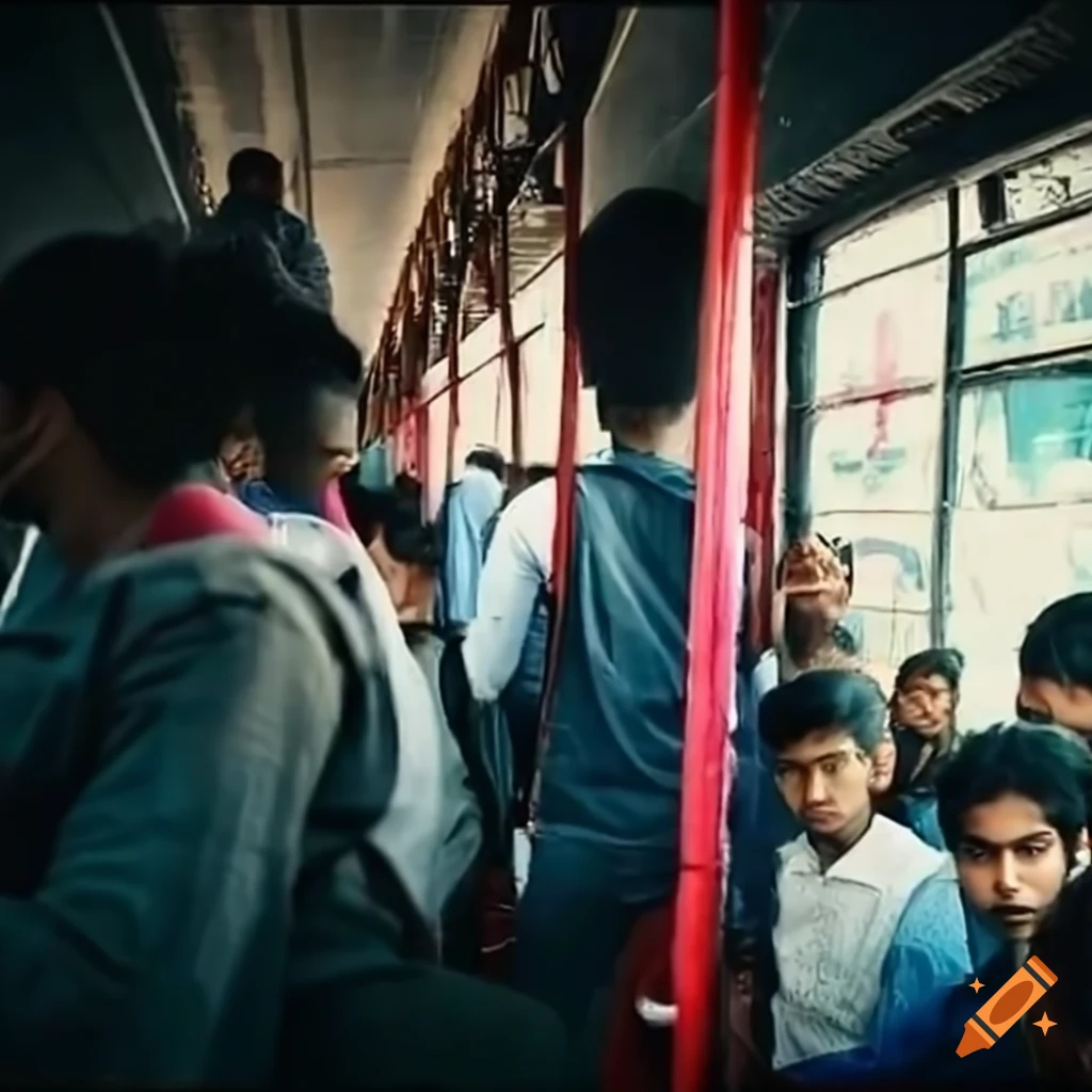 Students on a university bus during rush hour on Craiyon