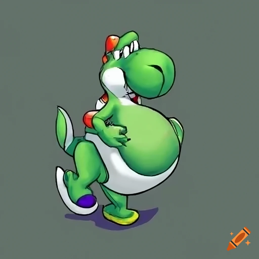 Green Yoshi character with a large belly in high definition on Craiyon