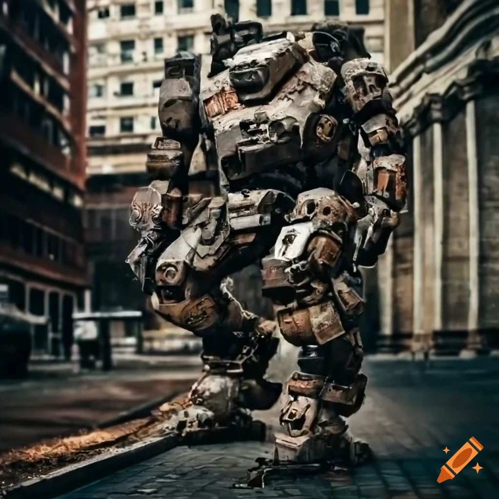 Post-apocalyptic mech in a city setting on Craiyon