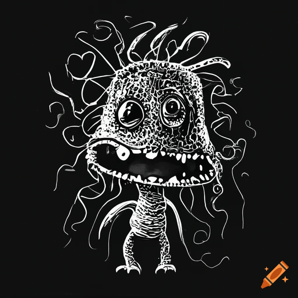 Cute cartoon monster in black ink outline on Craiyon