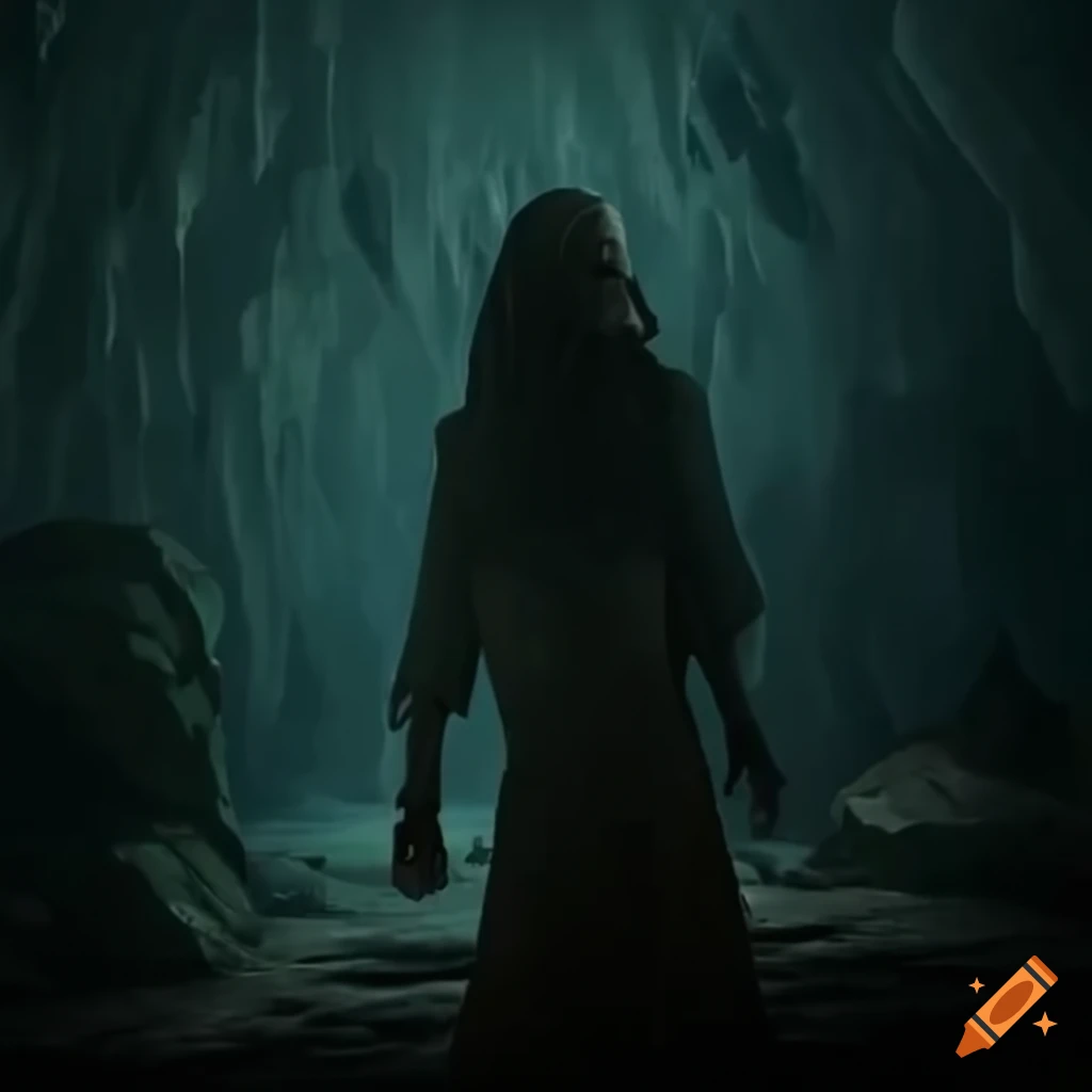 Woman escaping from a cave in a horror survival game on Craiyon