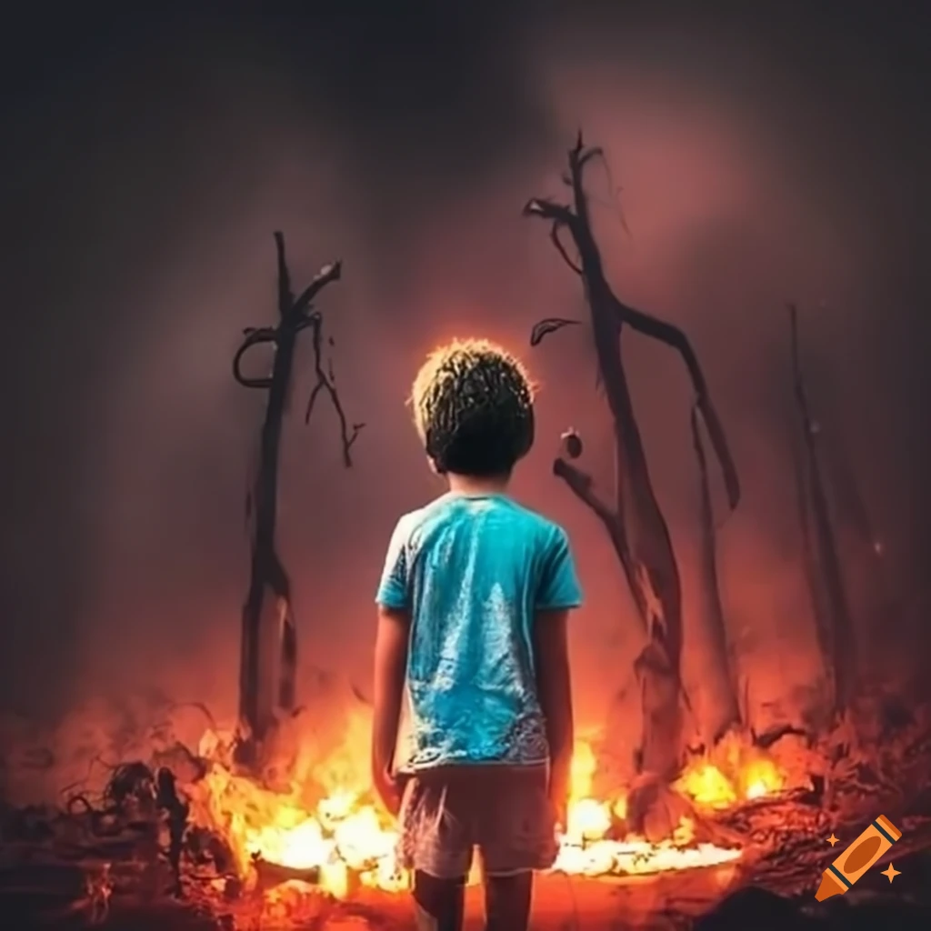 Sad boy in a world affected by global warming on Craiyon