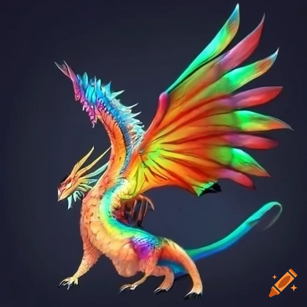 Description of dragons with huge wings, large jaws, and rainbow colors on Craiyon